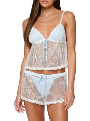 EDIKTED Laina Contrast Sheer Lace Babydoll Top - Blue-and-white