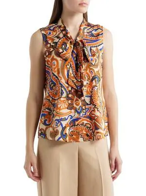 TAHARI ASL Printed Tie-neck Top - Camel Royal Paisley