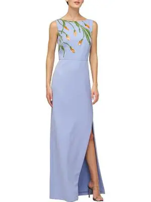 KAY UNGER Ira Placed Paillette Floral Column Gown - Blue Bird