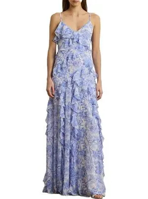 Ralph Lauren Floral Ruffle Georgette Gown - White/ Blue