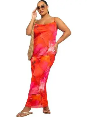 FASHION-SZN CURVE Strappy Abstract Print Mesh Maxi Dress - Red