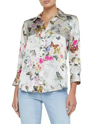 L'Agence Dani Butterfly Print Silk Shirt - White Multi Charonda Butterfly