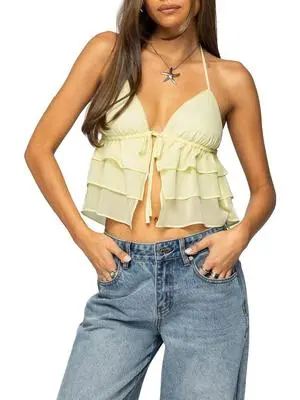 EDIKTED Split Front Ruffle Top - Yellow