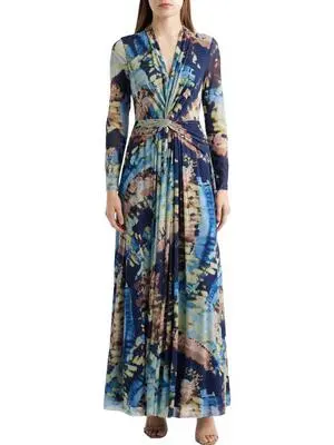 Anne Klein Abstract Print Twist Front Maxi Dress - Blue Tide Multi