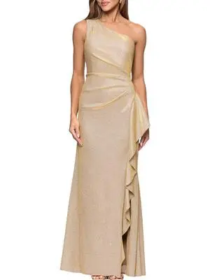 XSCAPE EVENINGS Glitter Galaxy Ruffle One-shoulder Gown - Gold/silver