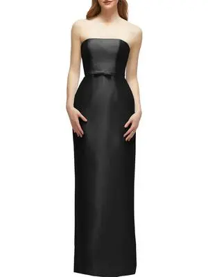 Alfred Sung Strapless Bow Belt Satin Twill Column Gown Black