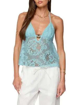 EDIKTED Open Knit Halter Top - Turquoise