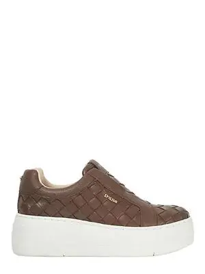 DUNE Esthie Flatform Faux Leather Trainers - Brown Leather Mix