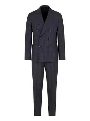 Giorgio Armani Napoli Line Double-breasted Pinstriped Suit In Virgin Wool - Blue