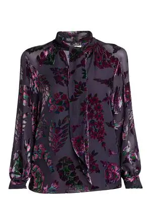 Etro Long-sleeve Burnout Tie-neck Blouse - Print On Blue Base 4