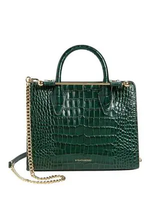 Strathberry Mini Croc Embossed Leather Tote Bottle Green