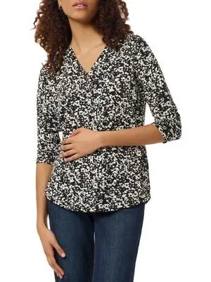 Jones New York Floral Print Three-quarter Sleeve Crepe Top - Jones Black/ Jones White