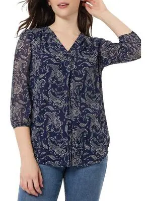 Jones New York Print Front Pleat Top - Pacific Navy/ Jones White