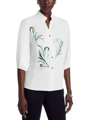 Misook Embroidered Blouse - White/paradise Green
