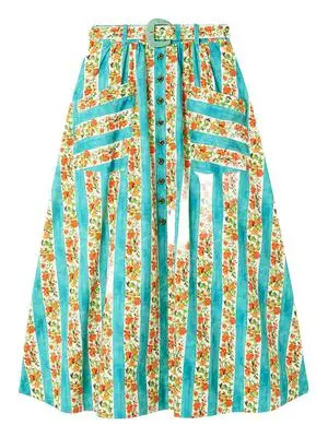Saloni Kirat Belted Floral-print Midi Skirt - Blue