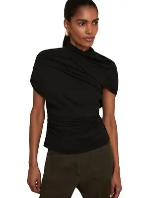 REISS Stretch Lyocell Draped Top - Black