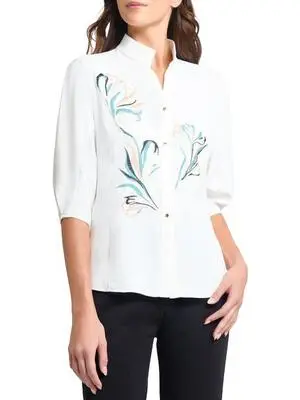 Misook Floral Embroidered Button-up Shirt - White/ Green Multi