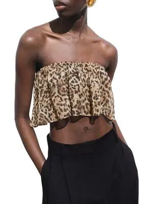 Mango Leopard Print Strapless Ruffle Top - Brown