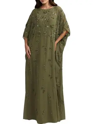 Mac Duggal MAC DUGGAL Embellished Mesh High Neck Trapeze Gown Olive