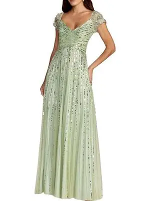 Mac Duggal Beaded V-neck Gown - Sage
