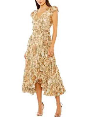 Mac Duggal Flutter Sleeve Floral Wrap Midi Dress - Cream Multi