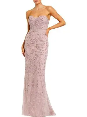Mac Duggal Beaded Strapless Bustier Gown With Cape - Rose