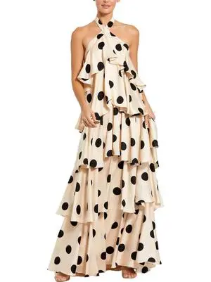 Mac Duggal Polka Dot Charmeuse Halter Gown - Cream Black