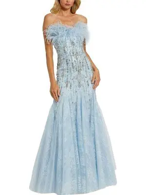 Mac Duggal Strapless Feather Embellished Mermaid Gown - Powder Blue