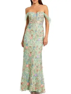 Mac Duggal Off-the-shoulder Embroidered Net Gown - Sage Multi