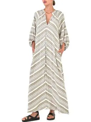 OCEAN+MAIN Striped A-Line Maxi Dress Sage/ivory