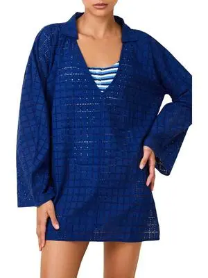 Solid & Striped The Alba Embroidered Eyelet Long Sleeve Cover-up Tunic - Maritime Navy