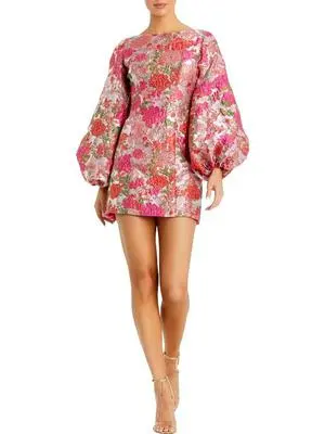 Mac Duggal Floral Brocade Mini Dress With Balloon Sleeves - Pink Multi