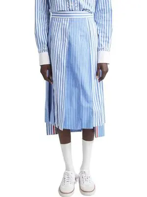 Thom Browne Awning Stripe Pleated Cotton Poplin Skirt - Medium Blue