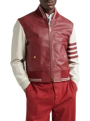 Thom Browne 4-bar Leather Varsity Jacket - Burgundy