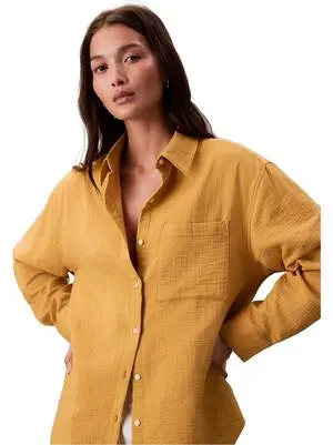 Calvin Klein Calvin Klein Jeans Double Gauze Roll Tab Shirt Amber Gold