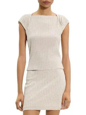 Theory Gingham Crinkle Cap-Sleeve Top Taupe Multi