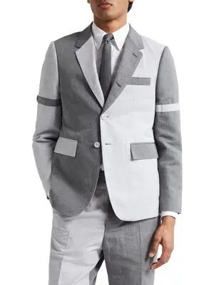 Thom Browne Fit Stripe Patchwork Linen & Cotton Sport Coat With Armbands - Light Grey