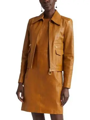St. John Kristen Leather Crop Jacket - Cinnamon