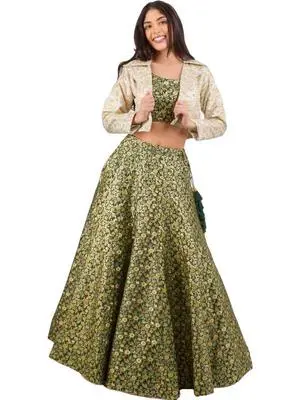 RAAS Banarasi Lehenga Choli With Jacket - Green