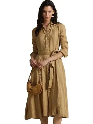 Ralph Lauren Belted Linen A-line Shirtdress - Polo Tan