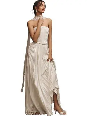 Watters Loen Plissé Charmeuse Satin A-line Wedding Gown - Ivory