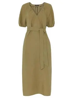 Whistles Ariella V-neck Lyocell And Linen Midi Dress - Khaki/olive