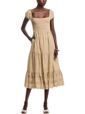 AREA STARS Eyelet Off The Shoulder Midi Dress - Tan