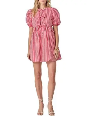 English Factory Stripe Tie Front Puff Sleeve Mini Dress - Red