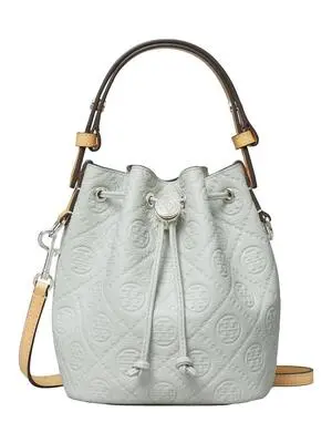 Tory Burch Mini T Monogram Pebble Leather Bucket Bag - Light Titanium