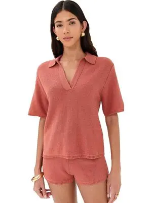 LE BOP Textured Knit Polo Top Burnt Sienna