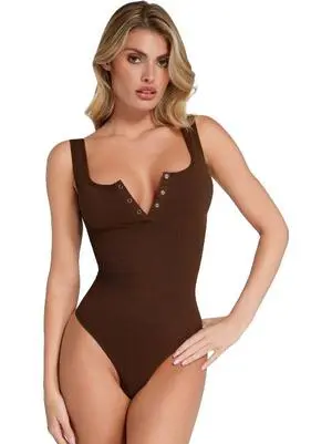 POPILUSH Shapewear Seamless Modal Henley Tank Bodysuit - Dark Brown