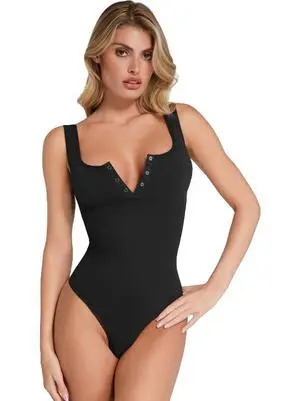 POPILUSH Shapewear Seamless Modal Henley Tank Bodysuit - Midnight Black