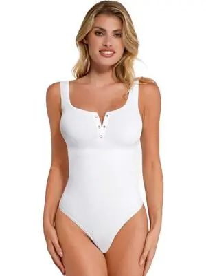 POPILUSH Shapewear Seamless Modal Henley Tank Bodysuit - Pearl White