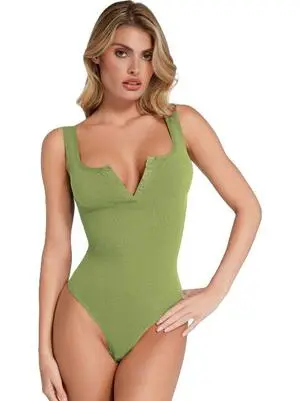 POPILUSH Shapewear Seamless Modal Henley Tank Bodysuit - Sage Green